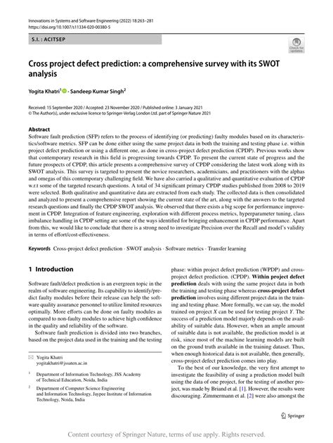 cross project defect prediction a comprehensive survey with its swot analysis request pdf