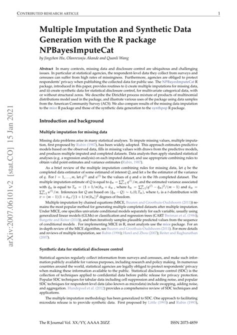 pdf multiple imputation and synthetic data generation with the r package npbayesimputecat