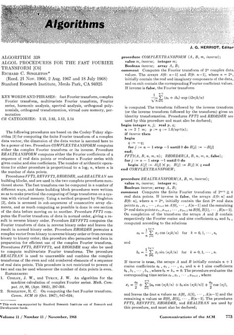 algorithms algorithm 339 an algol procedure for the fast fourier transform with arbitrary