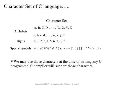 c programming language character set keywords constants variables dat…