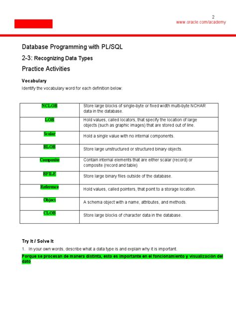 database programming with pl sql 2 3 practice activities recognizing data types pdf data