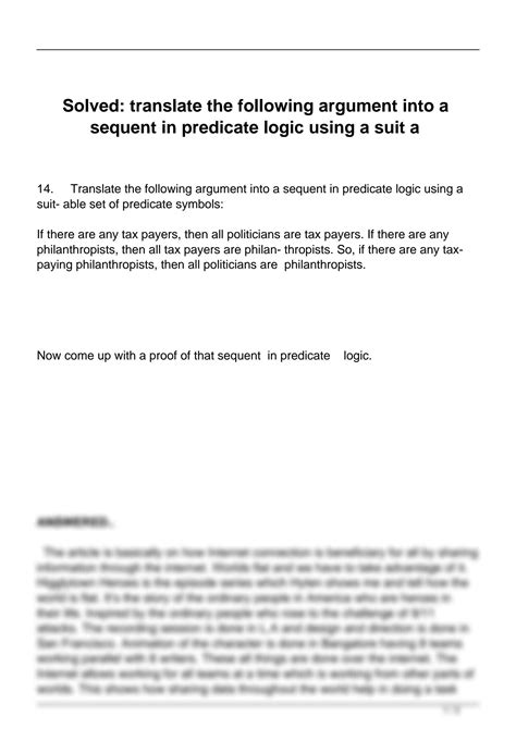 solution solved 14 translate the following argument into a sequent in predicate logic using a