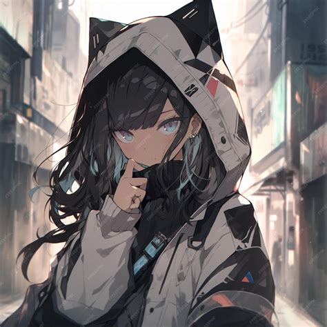 Premium Photo Anime Girl With Cat Ears And Hoodie In A City Street Generative Ai