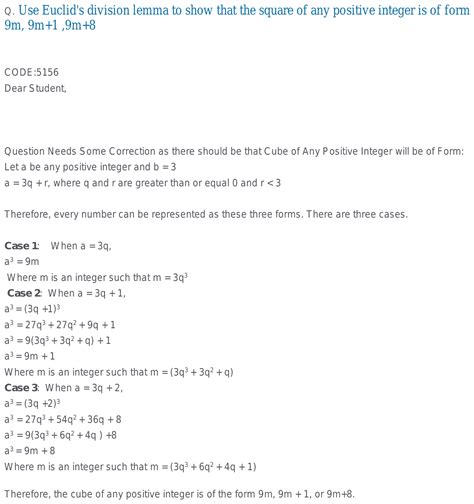 1 use euclid s division lemma to show that the square of any positive integer is of form 9m 9m