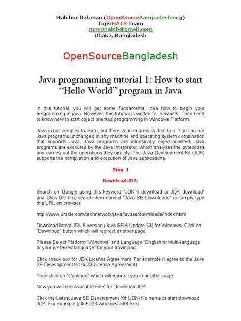 java programming tutorial 1 how to start hello world program in java pdf java