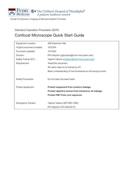 PDF Standard Operation Procedure SOP Confocal Microscope