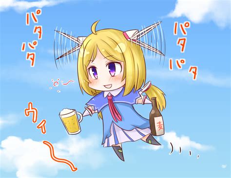 Safebooru 1girl Ahoge Aki Rosenthal Bangs Barley Tea Blonde Hair Blush Bottle Chibi Clouds