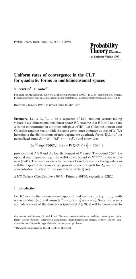 pdf uniform rates of convergence in the clt for quadratic forms in multidimensional spaces