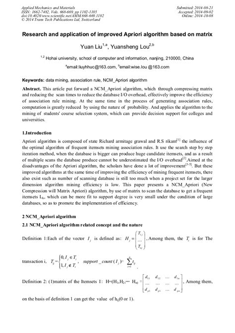 research and application of improved apriori algorithm based on matrix scientific