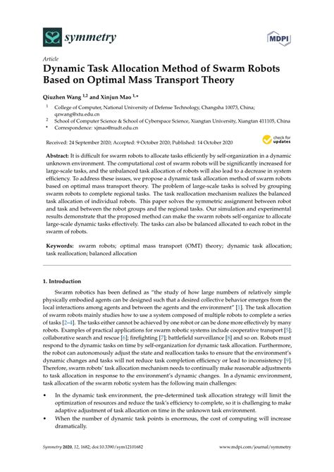 pdf dynamic task allocation method of swarm robots based on optimal mass transport theory