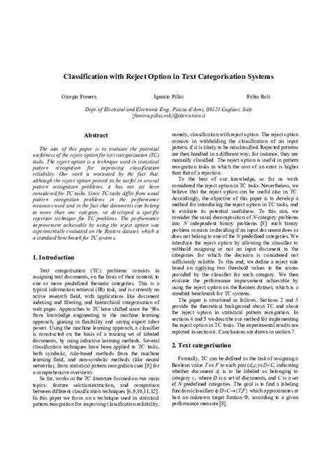pdf classification with reject option in text categorisation systems ignazio pillai