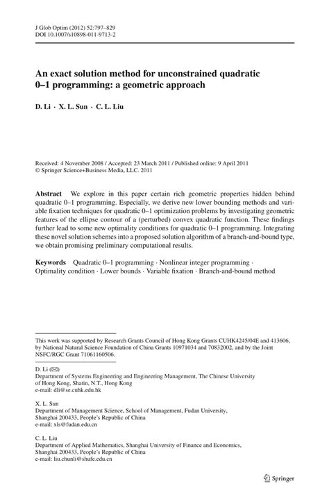 pdf an exact solution method for unconstrained quadratic 0 1 programming a geometric approach