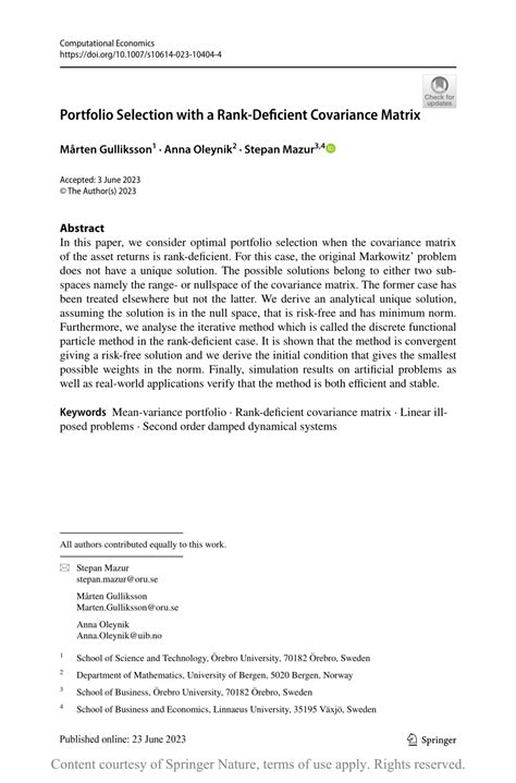 pdf portfolio selection with a rank deficient covariance matrix