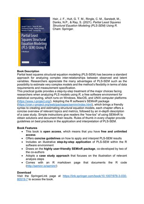 pdf partial least squares structural equation modeling pls sem using r a workbook