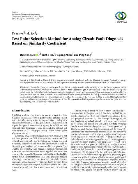 pdf test point selection method for analog circuit fault diagnosis based on similarity coefficient