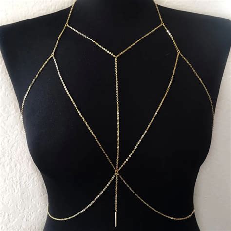 Sexy Beach Body Necklace Women Gold Color Body Bra Harness Sparkle Summer Sexy Beach Bralette