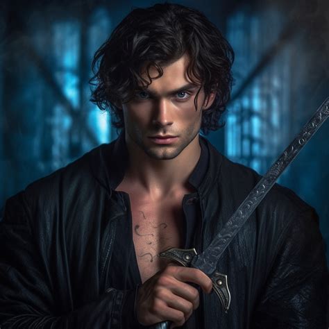 Muscular Handsome Young Guy Hairy Chest Dark Short Hair Blue Eyes With Sword Dressed In
