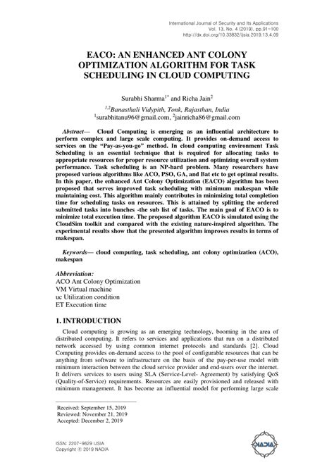 pdf eaco an enhanced ant colony optimization algorithm for task scheduling in cloud computing