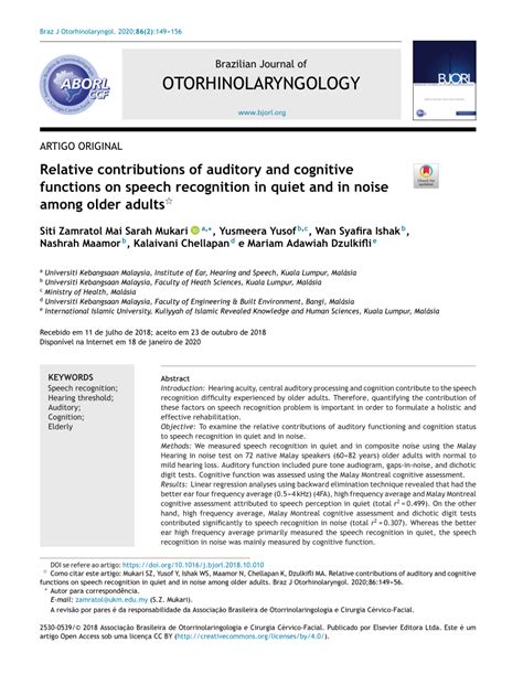 pdf relative contributions of auditory and cognitive functions on speech recognition in quiet