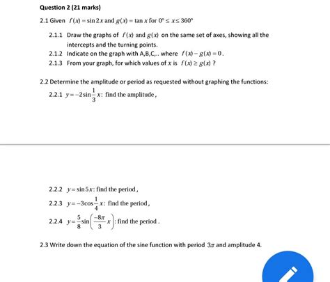 solved 2 1 given f x sin2x and g x tanx for 0∘≤x≤360∘