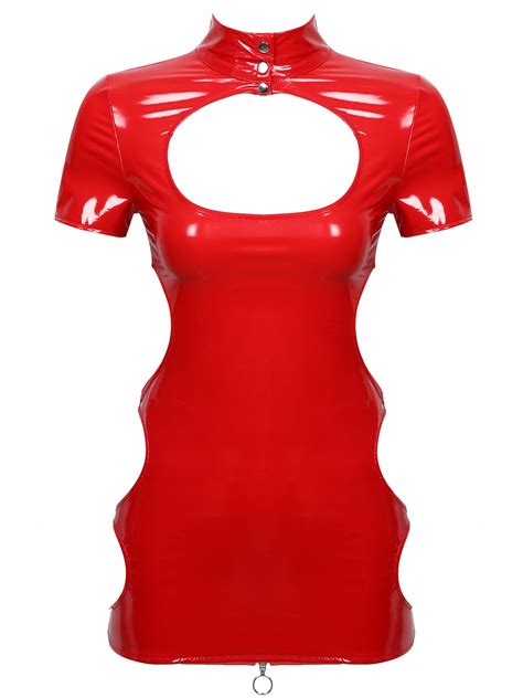 Womens Wetlook Patent Leather Mini Bodycon Dress Sexy Mock Neck Party Clubwear Ebay