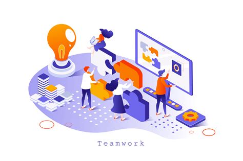 Teamwork Concept In D Isometric Design Colleagues Work Together On