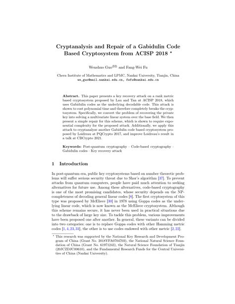 pdf cryptanalysis and repair of a gabidulin code based cryptosystem from acisp 2018