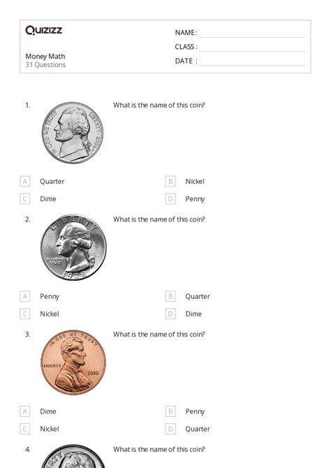 50 money math worksheets for 1st class on quizizz free and printable