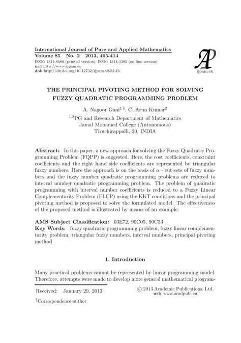 pdf the principal pivoting method for solving fuzzy quadratic programming problem