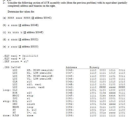 solved 2 consider the following section of avr assembly