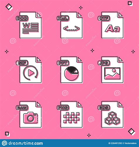 set doc file document xml otf ppt raw and png icon vector stock vector