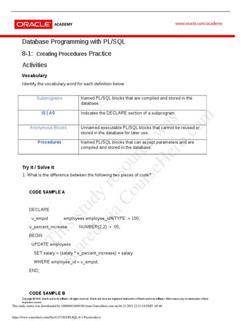 plsql 8 1 practice pdf pl sql subroutine