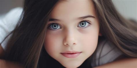 Premium Photo A Girl With Long Brown Hair And Blue Eyes Looks At The Camera