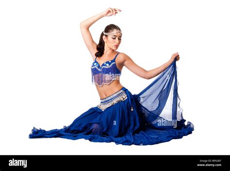 Israeli Egyptian Lebanese Middle Eastern Belly Dancer Performer In Blue Skirt And Bra With Arm