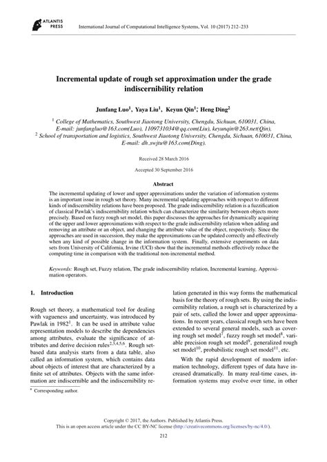 pdf incremental update of rough set approximation under the grade indiscernibility relation