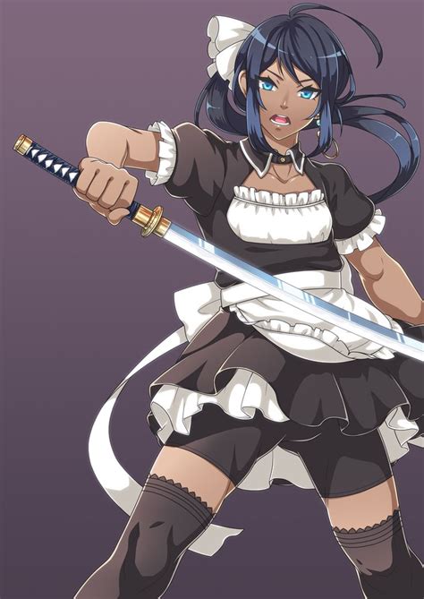 1girl Ahoge Aoiro69 Blueeyes Bluehair Darkskin Earrings Highres Jewelry Katana Maid Open