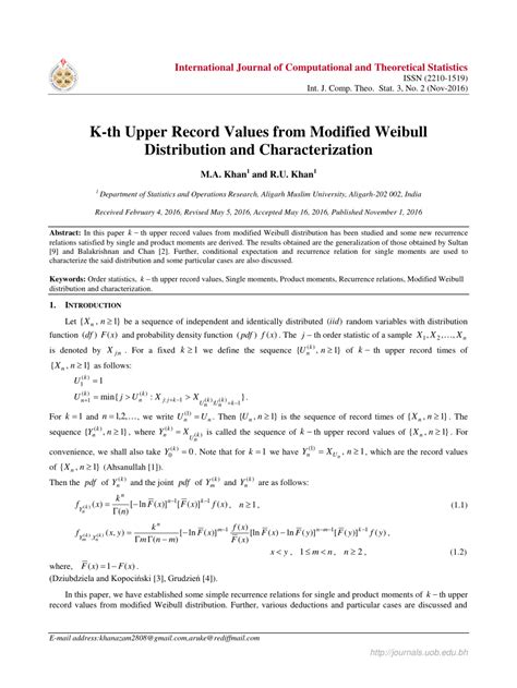 pdf k th upper record values from modified weibull distribution and characterization