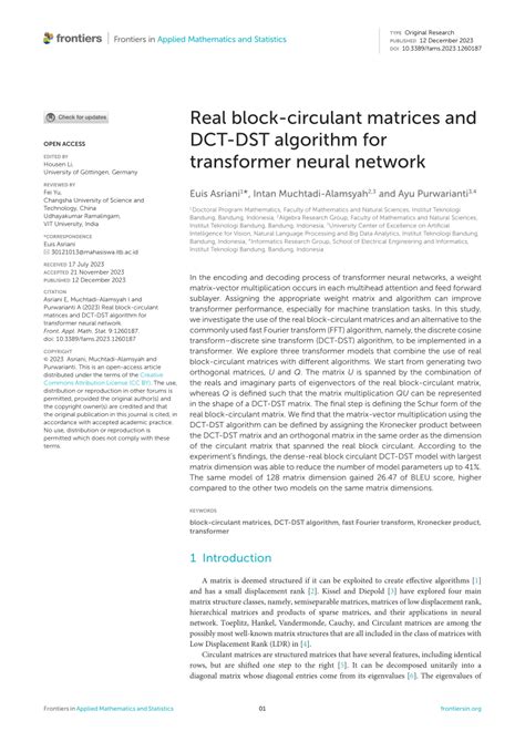 pdf real block circulant matrices and dct dst algorithm for transformer neural network