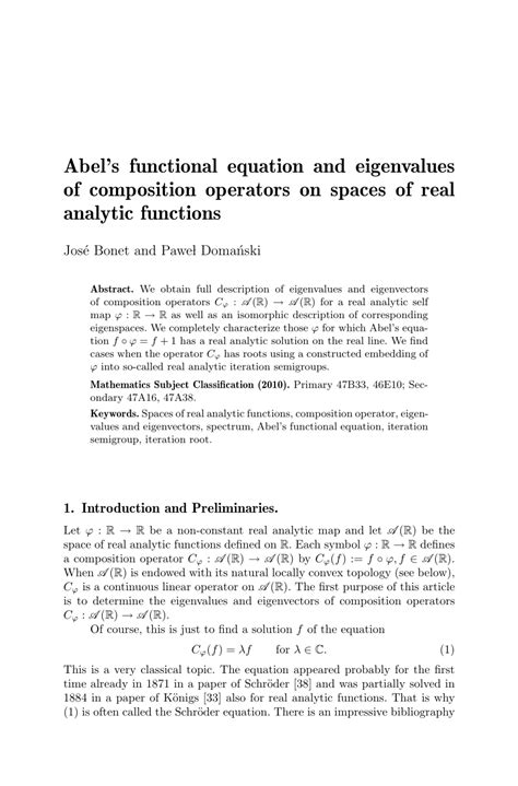 pdf abel s functional equation and eigenvalues of composition operators on spaces of real