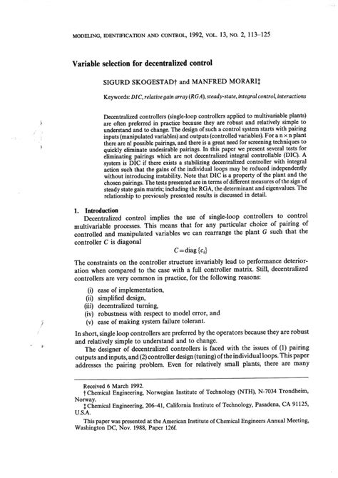 pdf variable selection for decentralized control