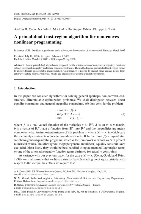 pdf a primal dual trust region algorithm for non convex nonlinear programming