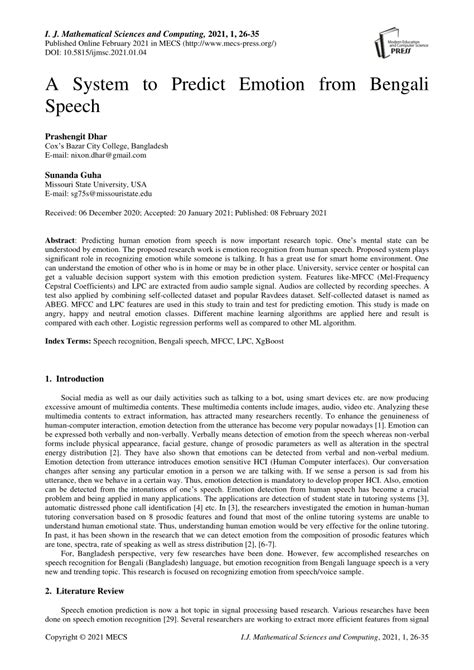 pdf a system to predict emotion from bengali speech