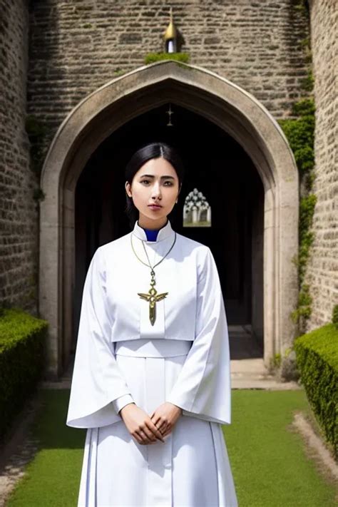 Dopamine Girl Beautiful Young Woman Wearing Priest Clothes With The Chest Bared Castle