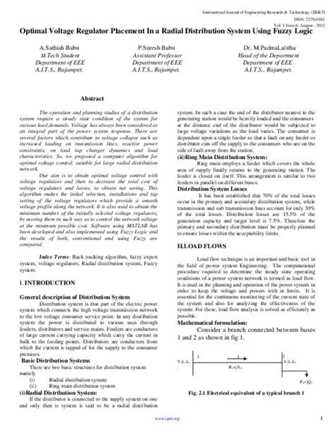 pdf ijert optimal voltage regulator placement in a radial distribution system using fuzzy