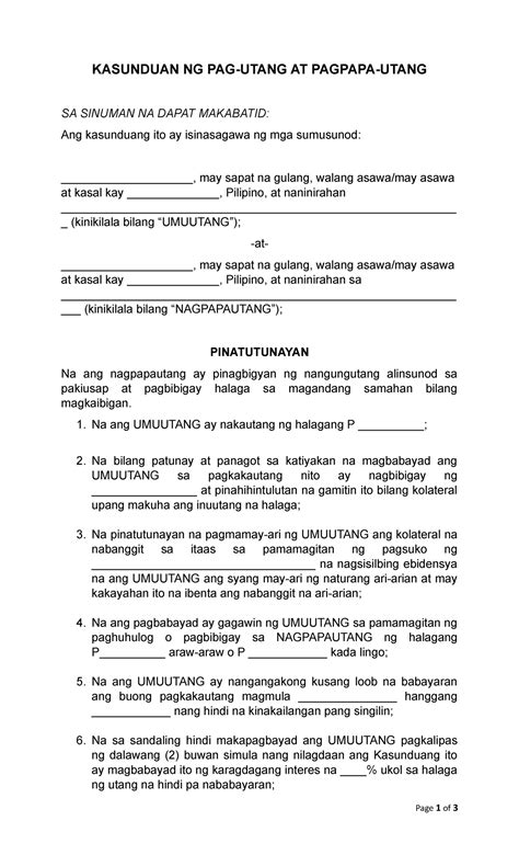 Halimbawa Ng Kasunduan Legal Kasunduan Sa Pag Utang Kung Ang Isa Sa