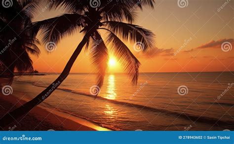 Silhouette Of Palm Trees Beautiful Sunset On The Tropical Sea Beach Background Stock