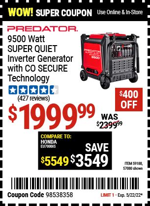 PREDATOR 9500 Watt Super Quiet Inverter Generator With CO SECURE