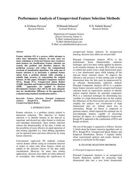 pdf performance analysis of unsupervised feature selection methods
