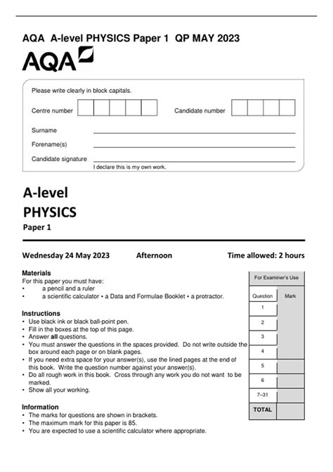 AQA A Level PHYSICS Paper 1 2 And 3 3A And 3B Question Paper And