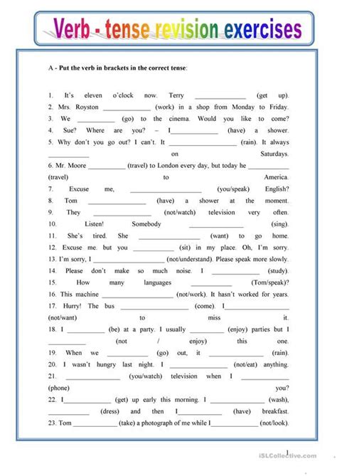 English Verb Tenses Worksheet